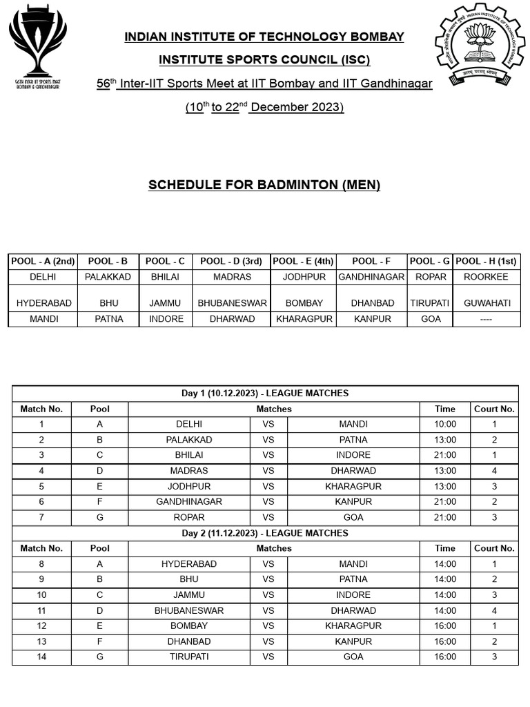 IITB Schedule & Fixtures - Final | PDF