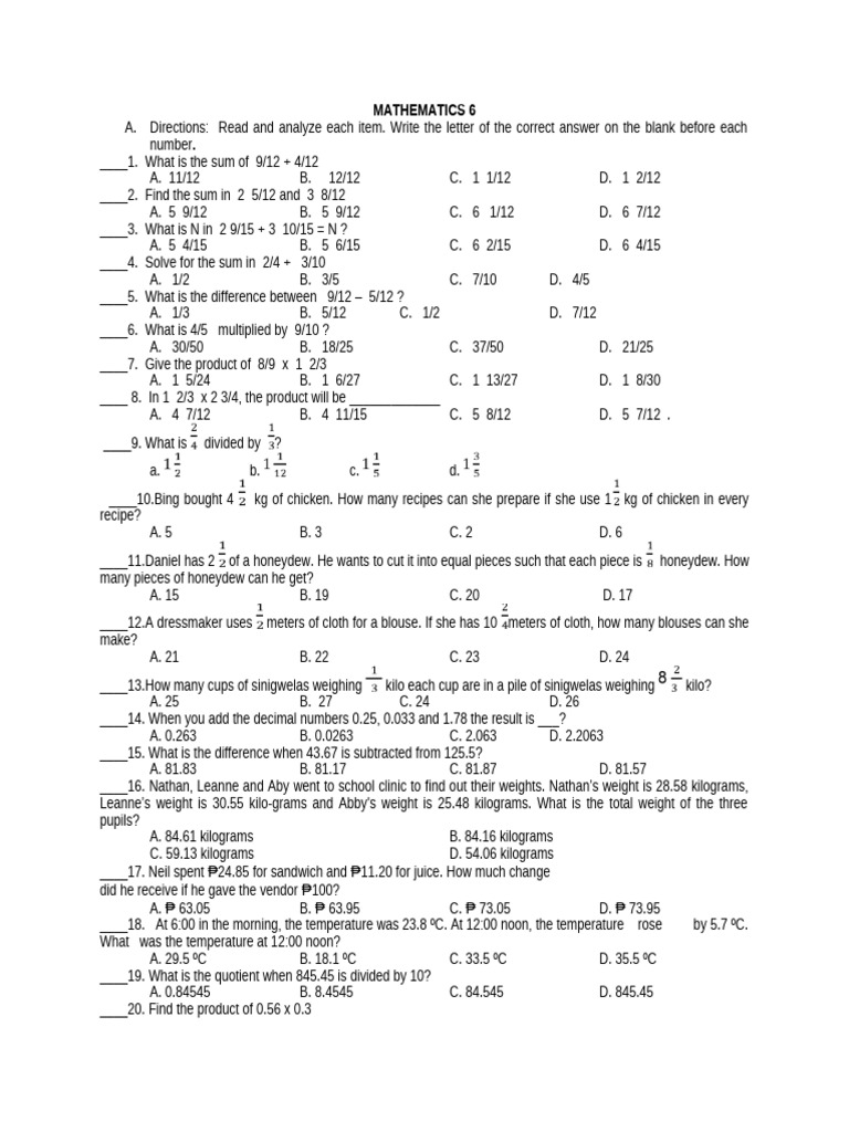 First Quarter Test in Mathematics 2024 2025 | PDF