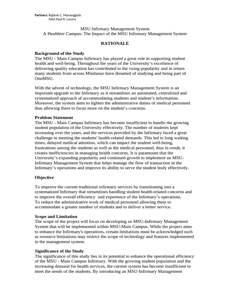 MSU Infirmary Management System Capstone Topic and Rationale | PDF