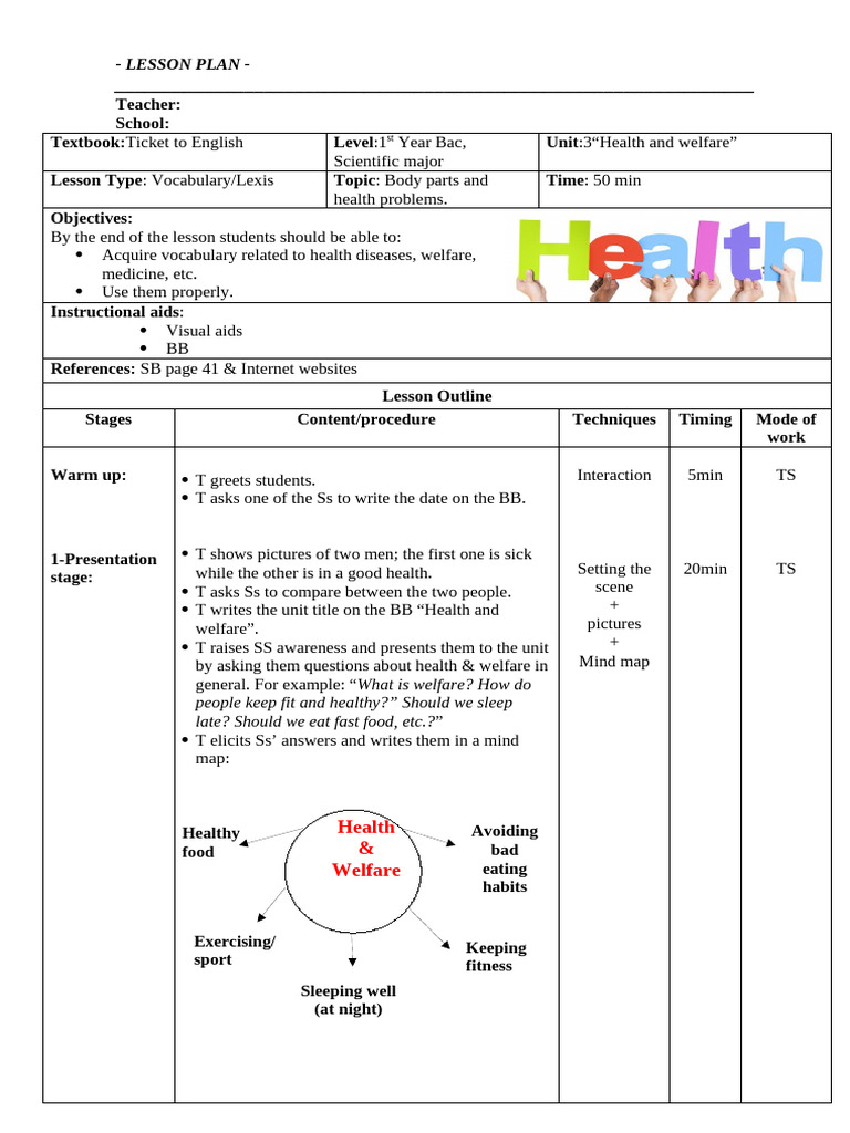 Lesson Plan - Vocabulary Health and Welfare Related (1bac) | PDF