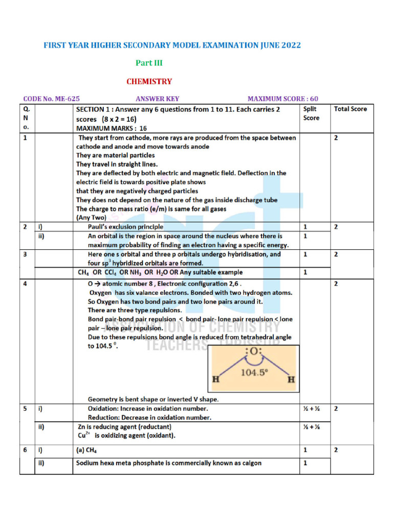 +1 Chemistry Answer Key | PDF