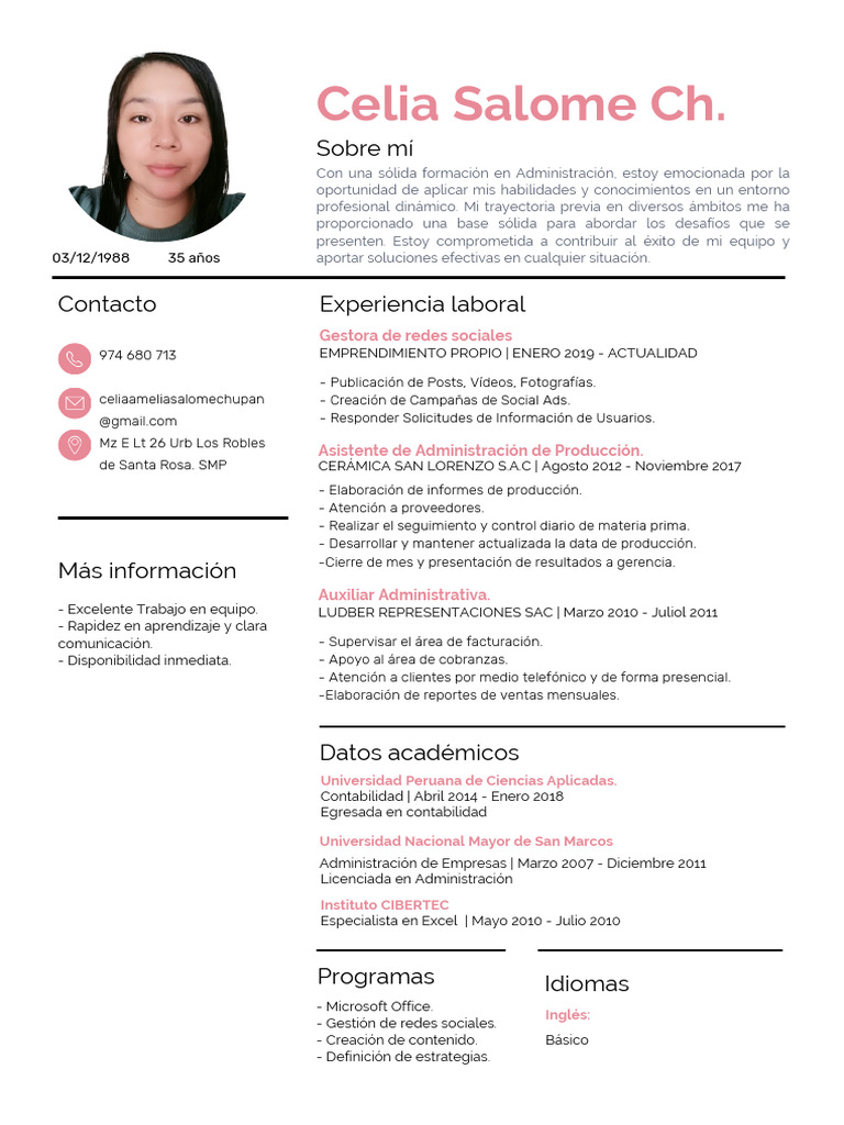 Celia Salome CH.: Sobre Mí | PDF