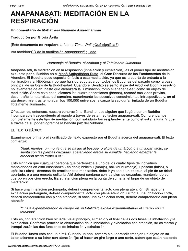 Anapanasati Meditacion en La Respiracion | PDF