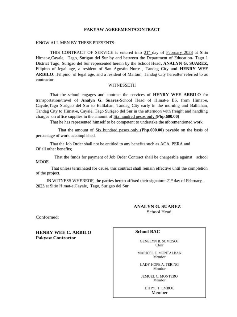 Pakyaw Agreement Transpo | PDF