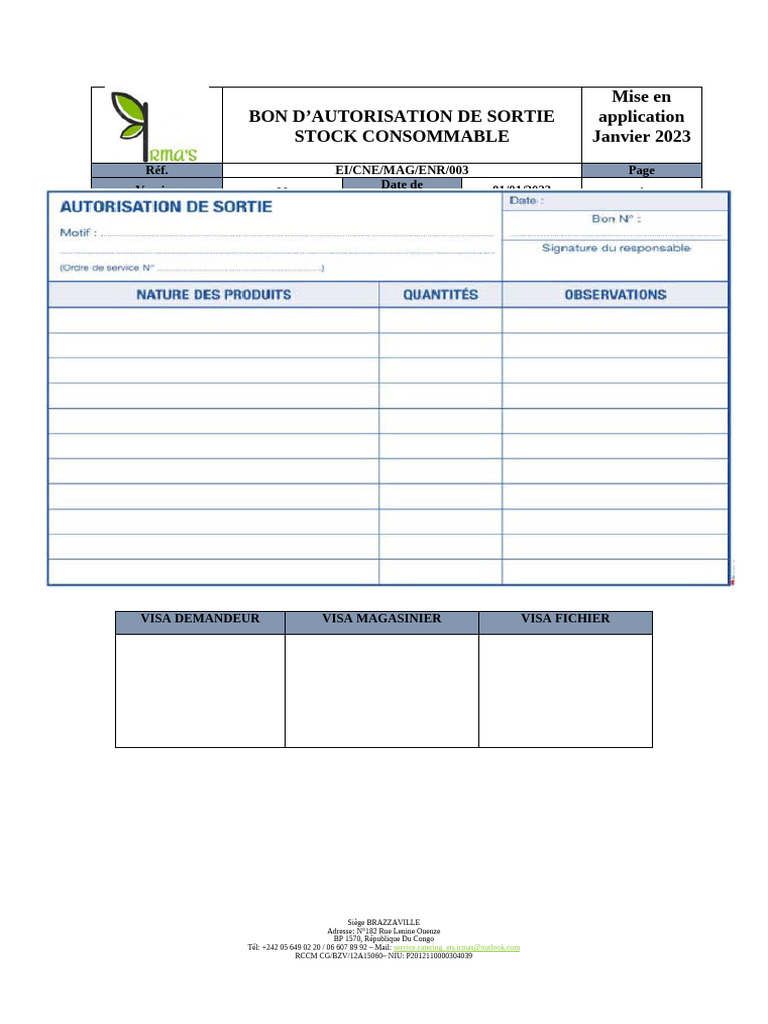Bon D'autorisation de Sortie de Stock | PDF