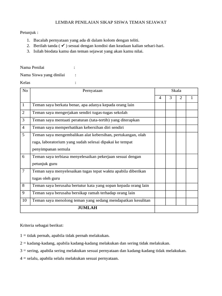 Angket Teman Sejawat Sasa | PDF