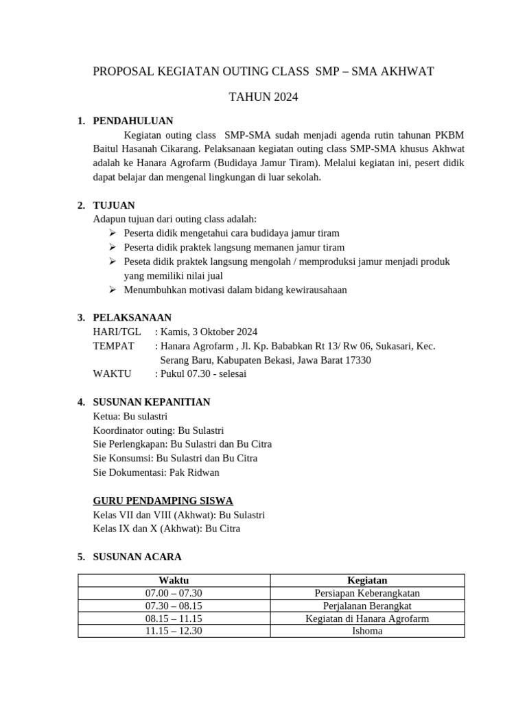 Proposal Outing Class Smp-Sma Akhwat | PDF
