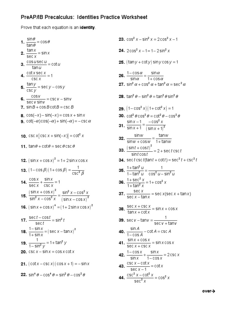 Precalculus Identities Practice Worksheet | PDF