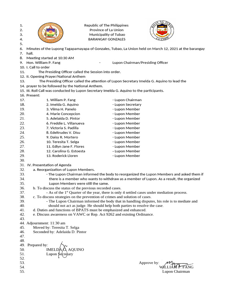 Lupon-Minutes Sample | PDF