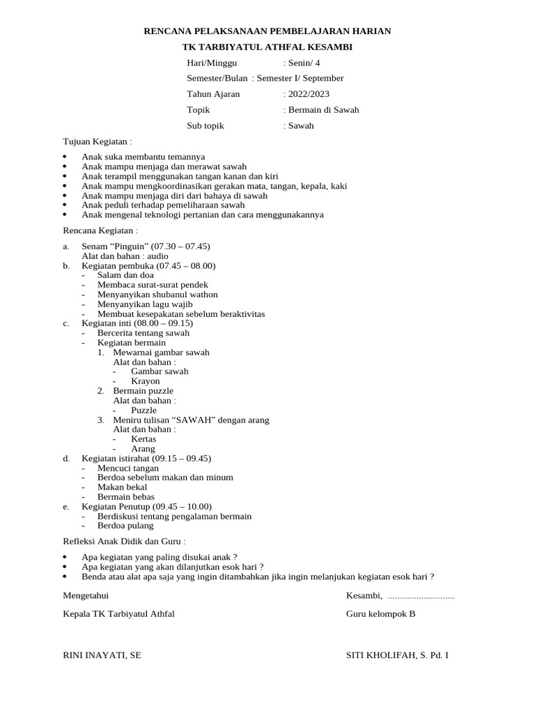 RPPH Topik Bermain Di Sawah Kel B | PDF
