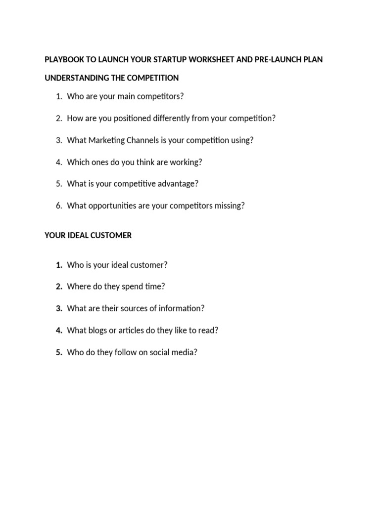 Playbook To Launch Your Startup Worksheet and Launch Plan | PDF