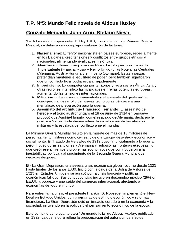 TP N°5 Mundo Feliz novela de Aldous Huxley-1 | PDF