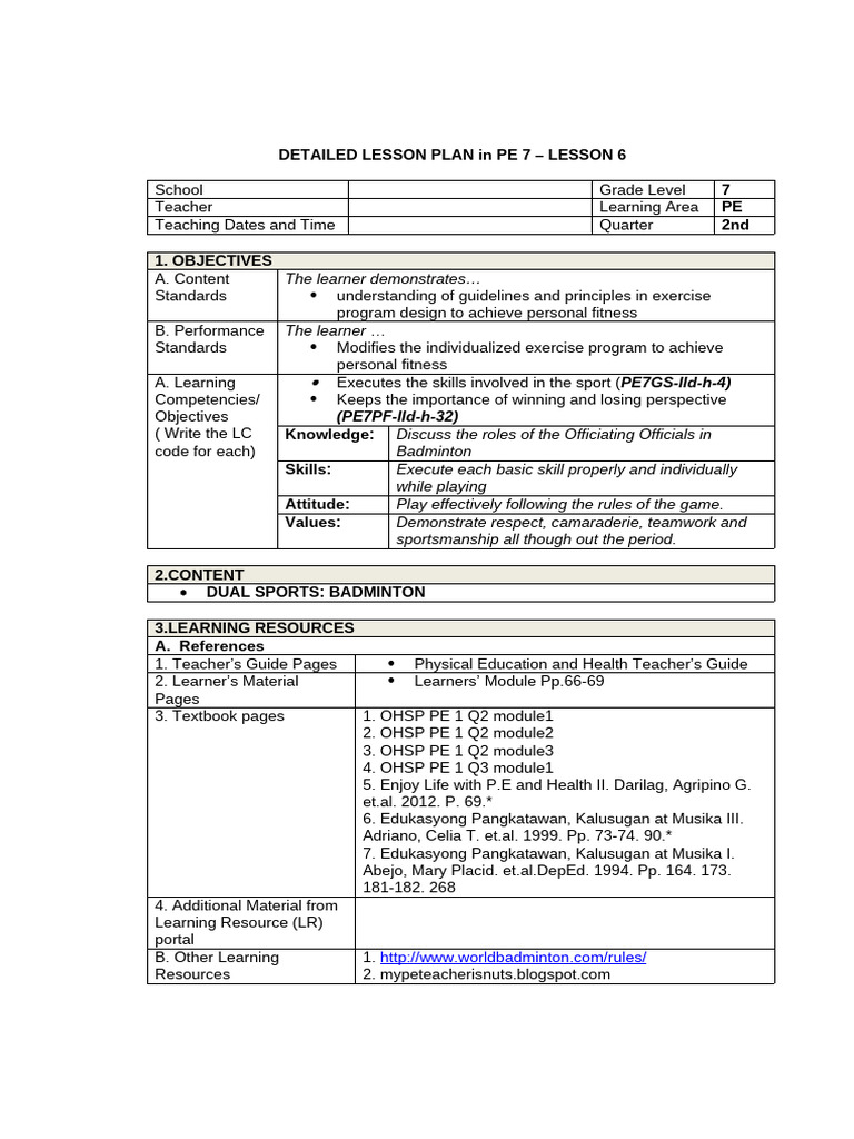 Pe Grade 7 - Lesson 6 - Badminton (Day 2) | PDF
