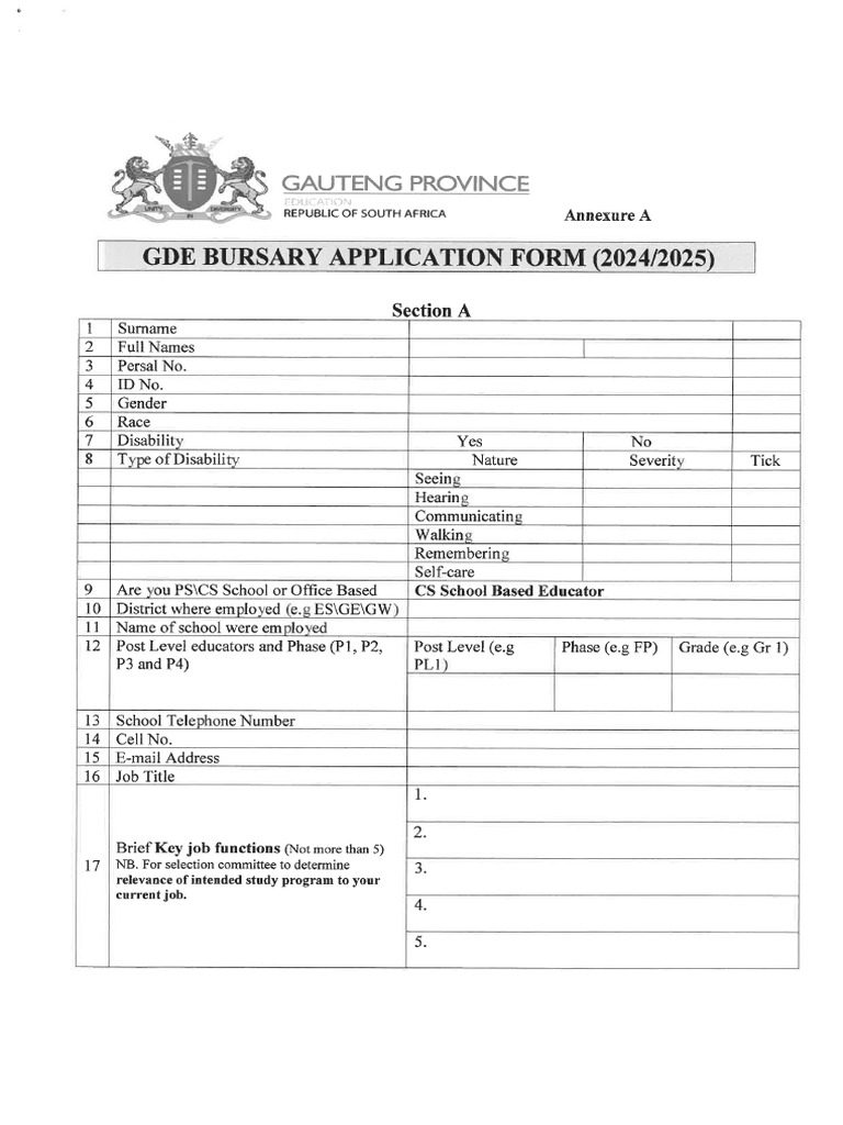 Annexure A GDE Bursary Application Form 2024 25 | PDF