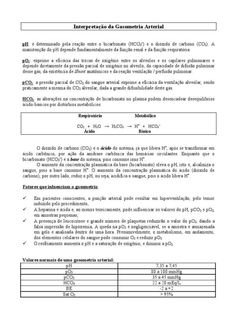Interpretação Da Gasometria Arterial | PDF | Fisiologia | Química