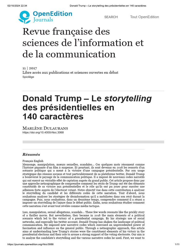 Donald Trump - Le Storytelling Des Présidentielles en 140 Caractères | PDF