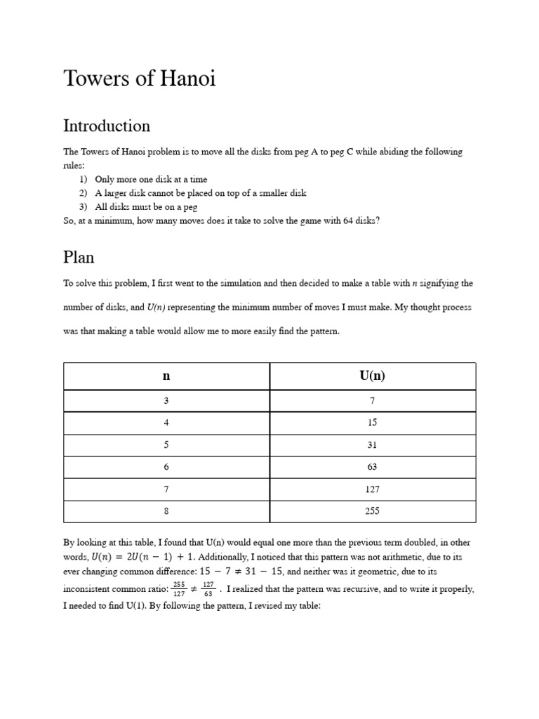 IB Math SL - Towers of Hanoi - Beril Sakin | PDF