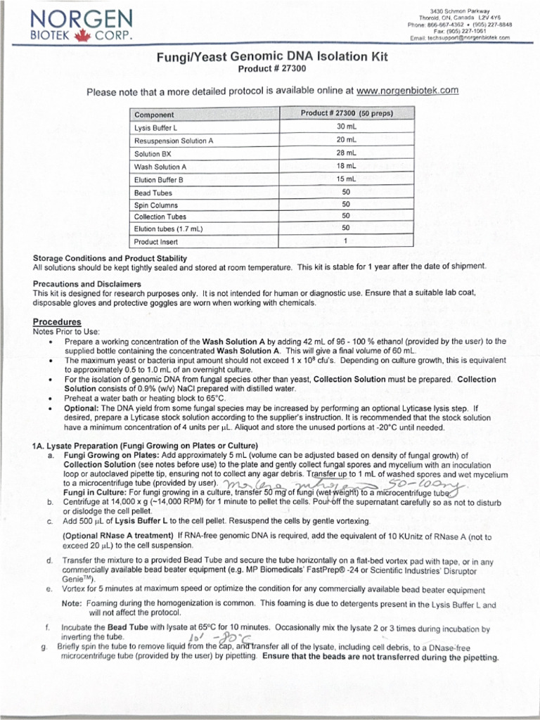Fungi:Yeast Genomic DNA Isolation Kit | PDF