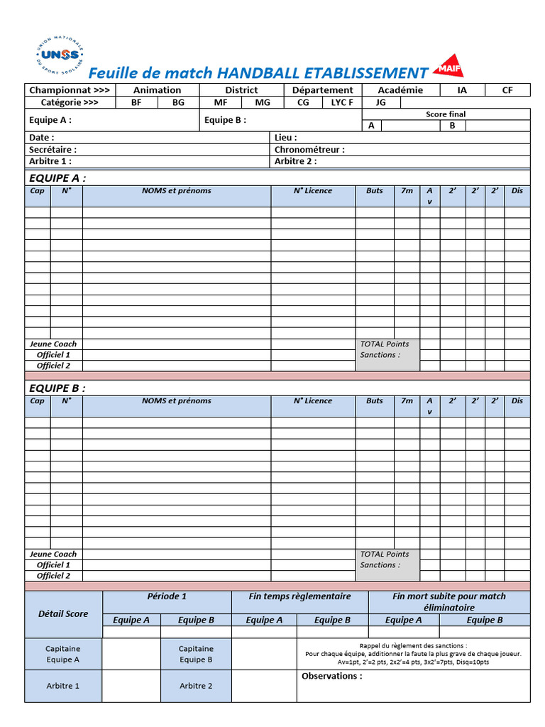 Feuille de Match UNSS ETAB | PDF
