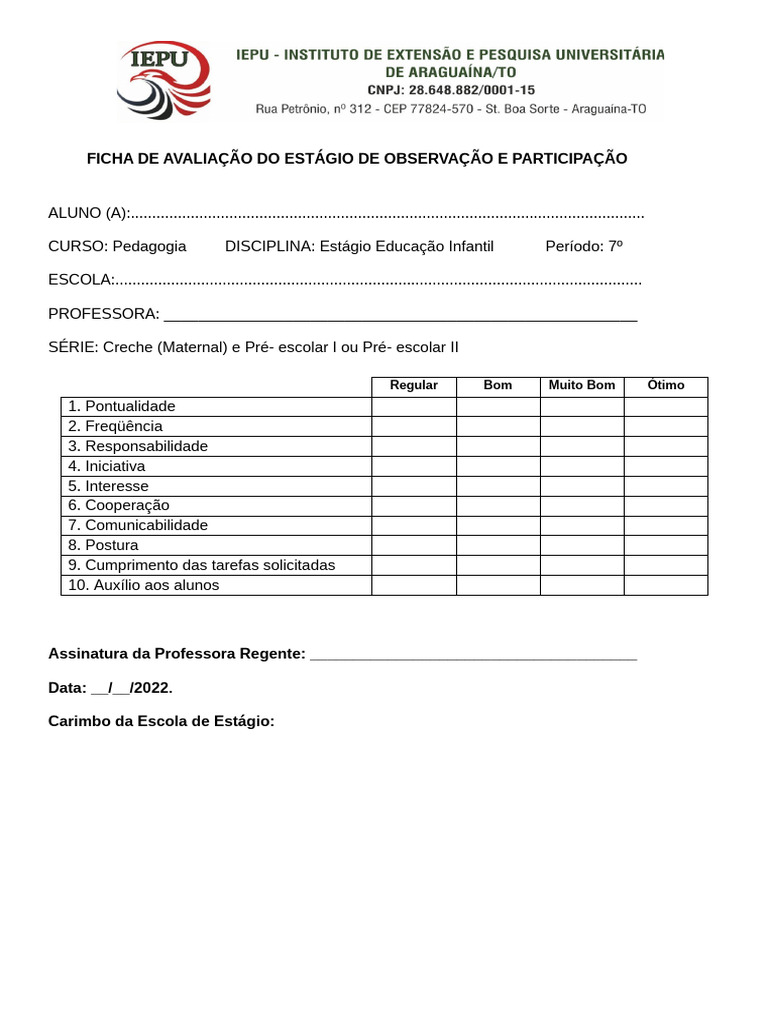 formulario de estagio 2022 | PDF