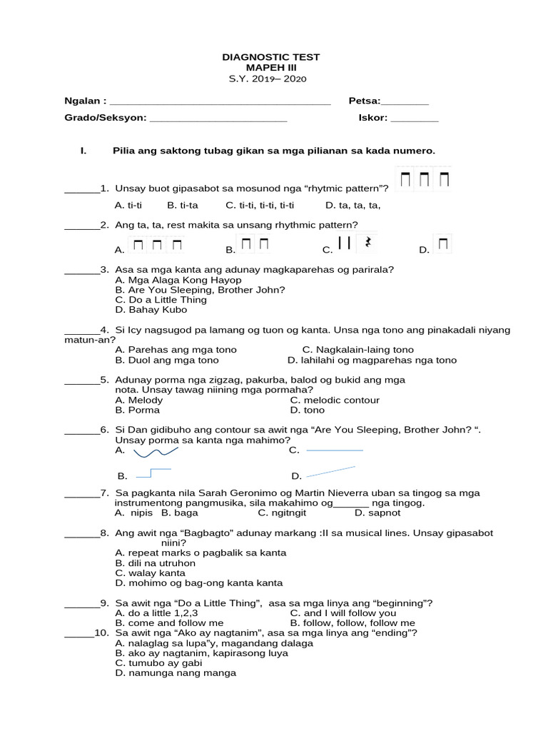 Diagnostic TEST - MAPEH 3 | PDF | Language Arts & Discipline