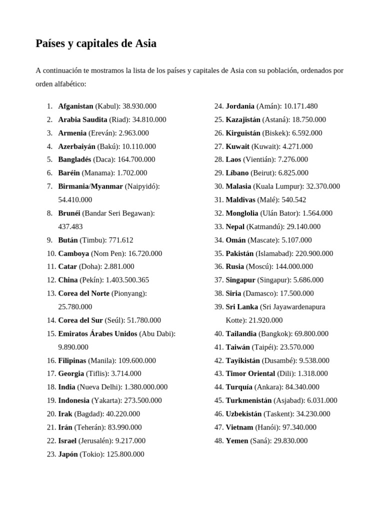 Países y Capitales de Asia | PDF