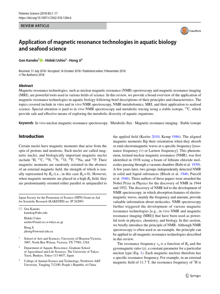 Magnetic Resonance in Aquatic Biology | PDF | Nuclear Magnetic ...