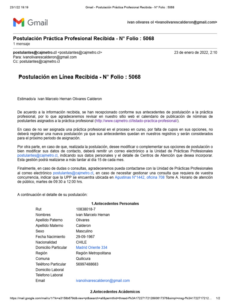 Gmail - Postulación Práctica Profesional Recibida - #Folio - 5068 | PDF