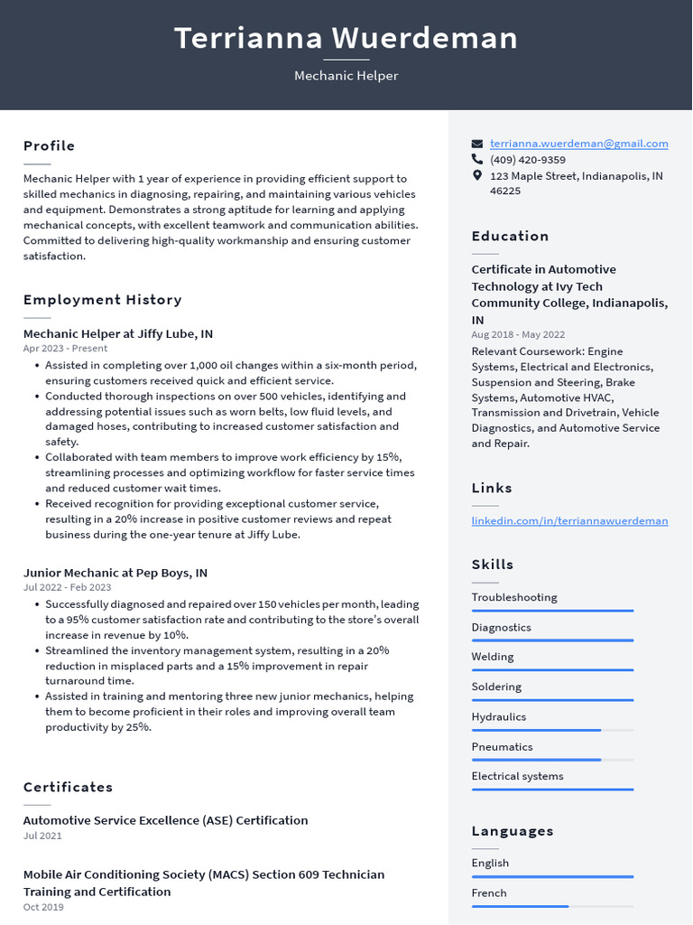 Mechanic Helper Resume Example | PDF