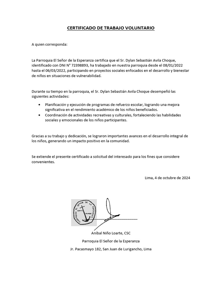 Certificado de Trabajo Voluntario | PDF