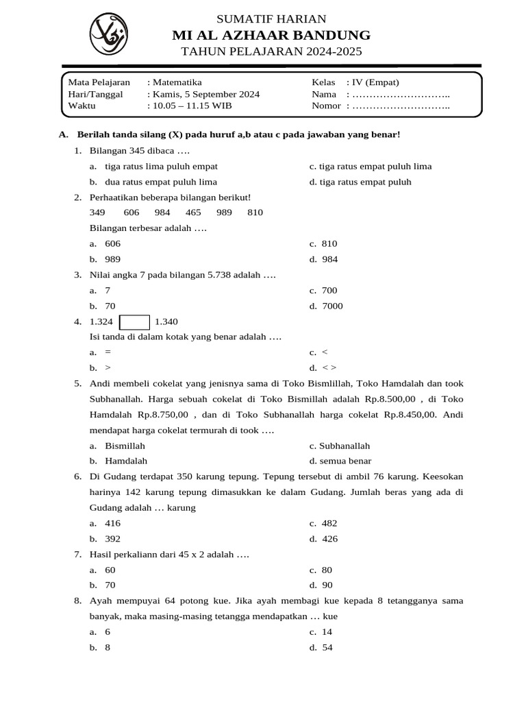 PH MTK KELAS 4 BAB BIlangan Cacah | PDF