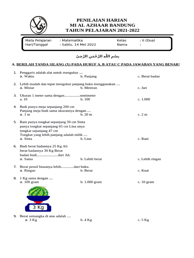 PH Matematika Kelas 2 Satuan Berat Dan Panjang | PDF