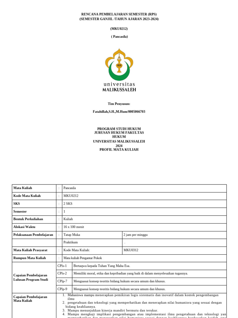 Format Rps Pancasila 222 | PDF