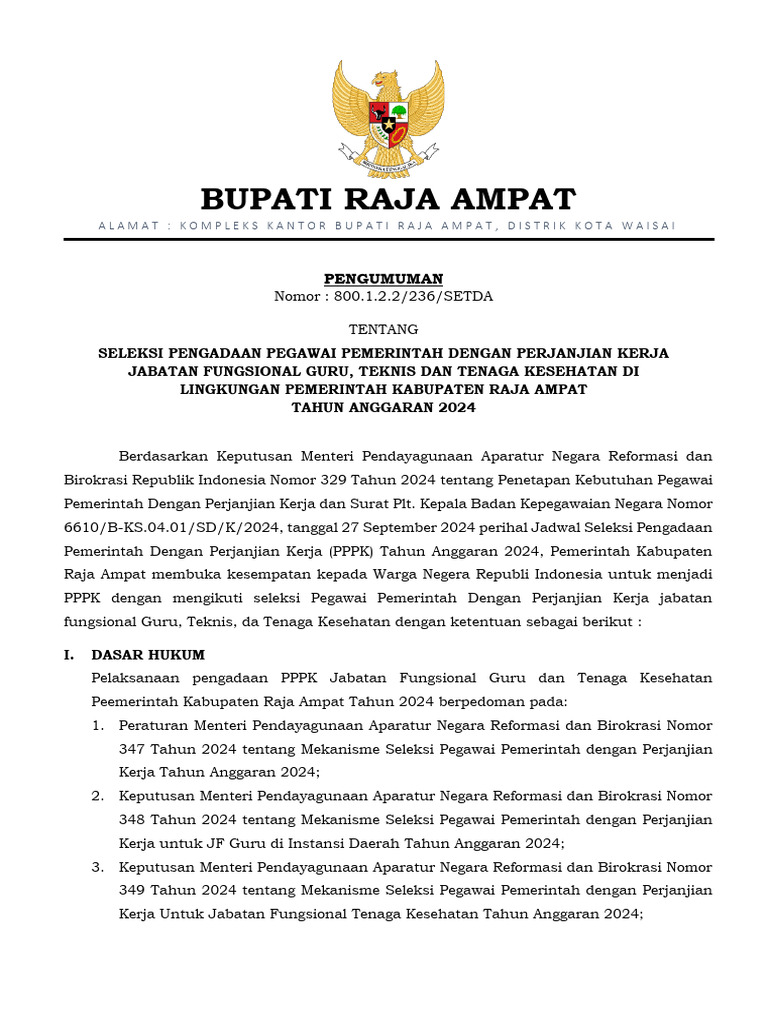 Pengumuman PPPK 2024 Raja Ampat | PDF