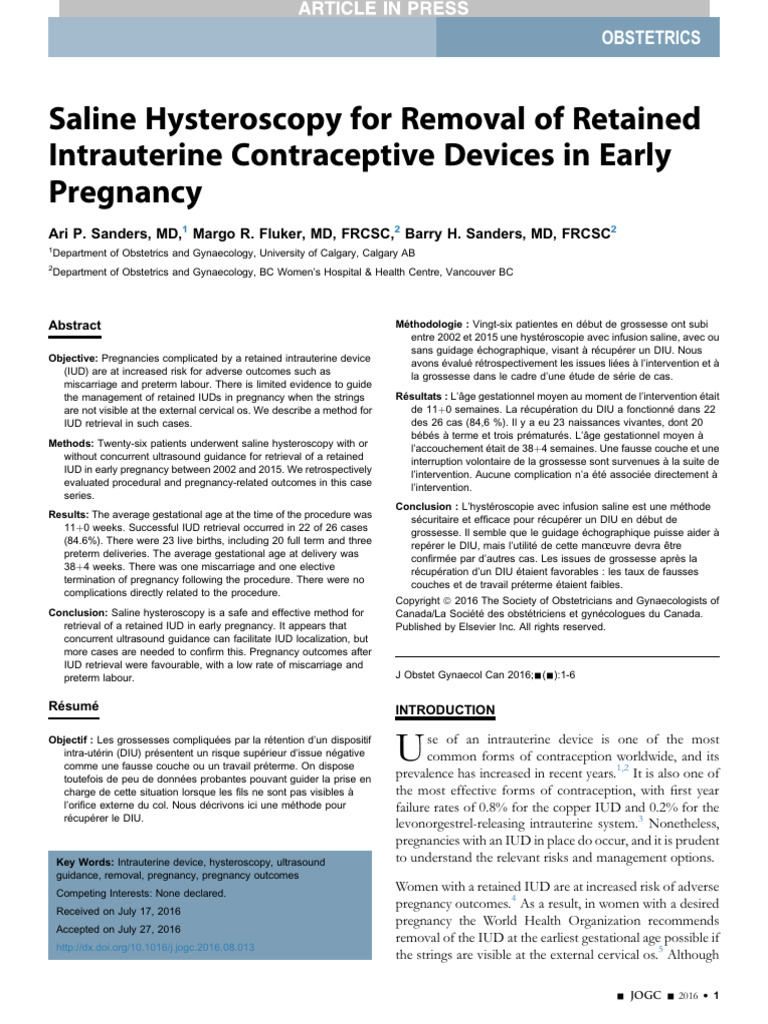 Saline Hysteroscopy for Removal of Retained Intrauterine Contraceptive ...