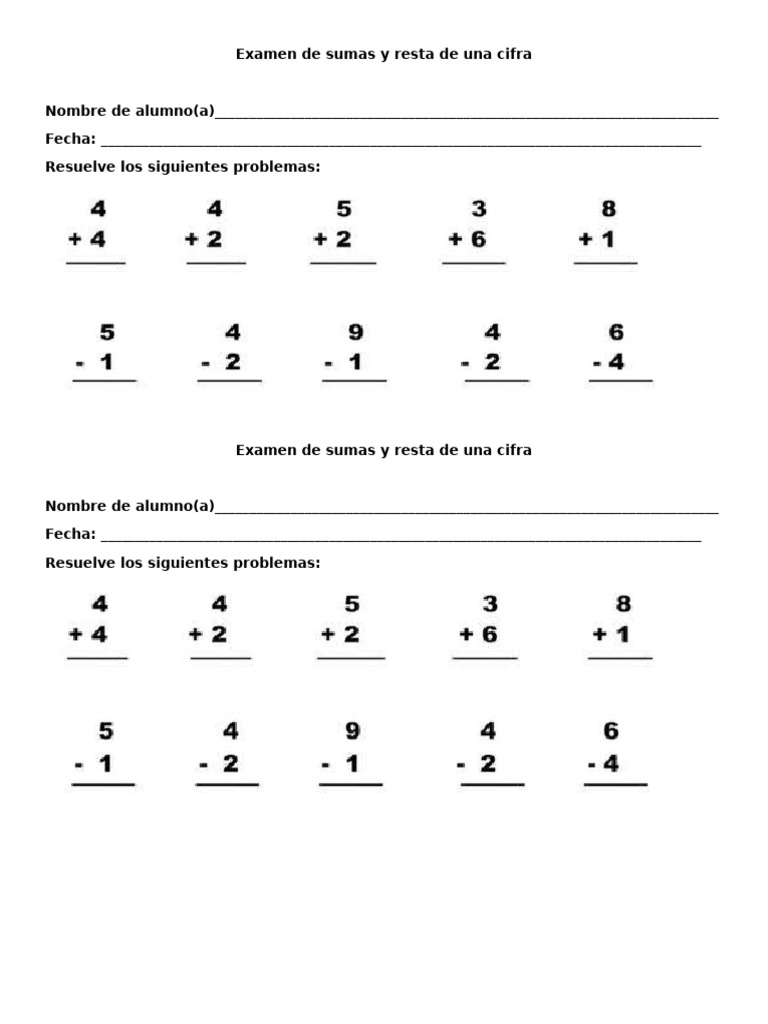 Examen de sumas y resta de una cifra | PDF