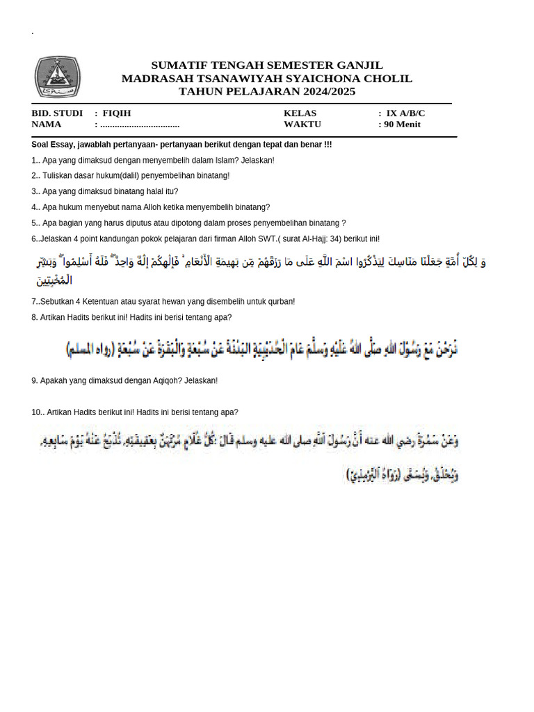 Soal STS Ganjil Fiqih Kls IX SMSTR Ganjil 2024 | PDF