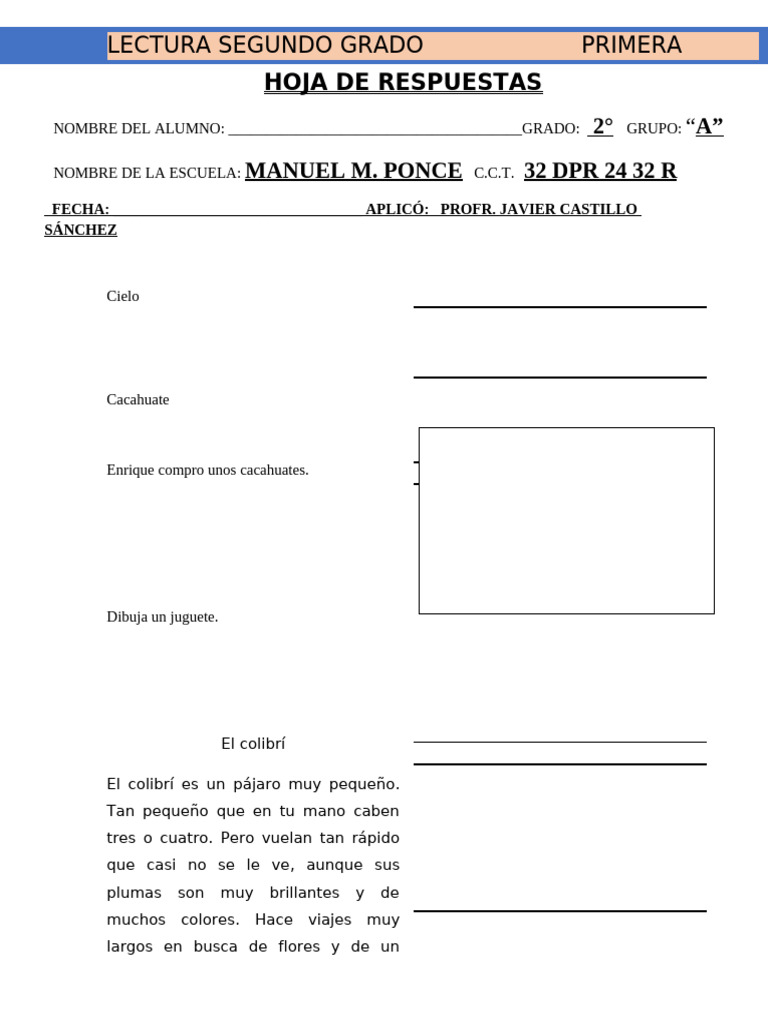 Hoja de Respuestas Lectura Segundo Grado 1 | PDF