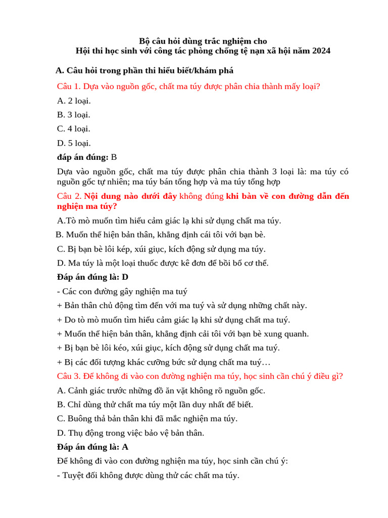 Bộ câu hỏi trắc nghiệm cuộc thi phòng chống TNXH 2024 | PDF