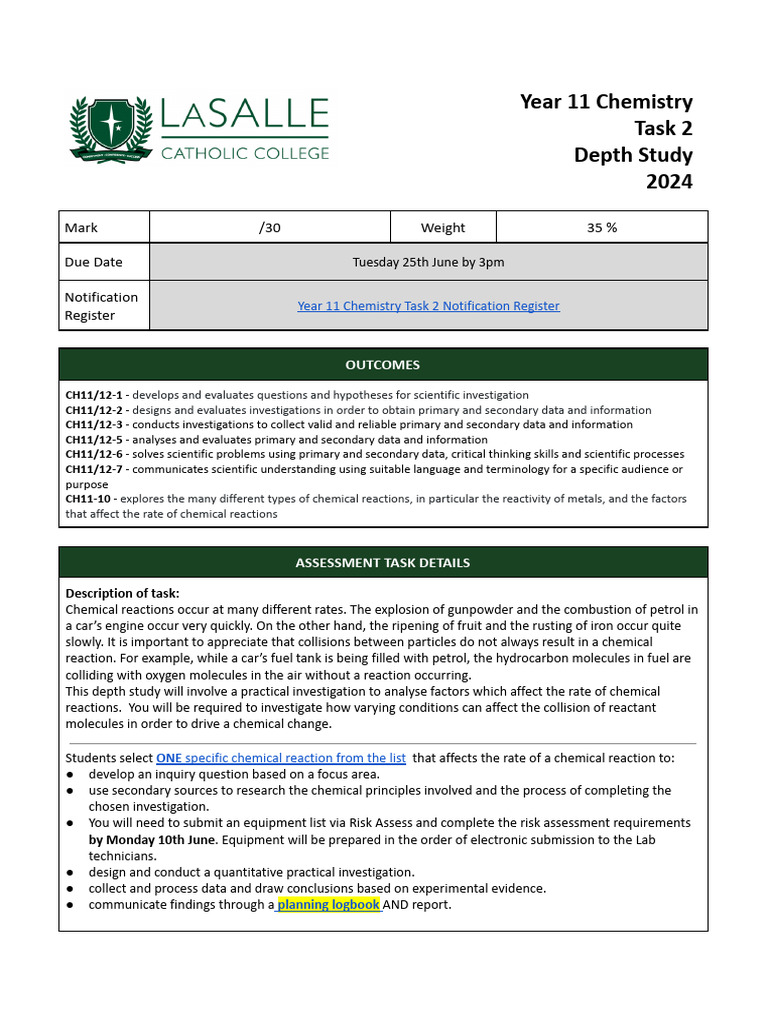 2024 Year 11 Chemistry Task 2 Notification | PDF