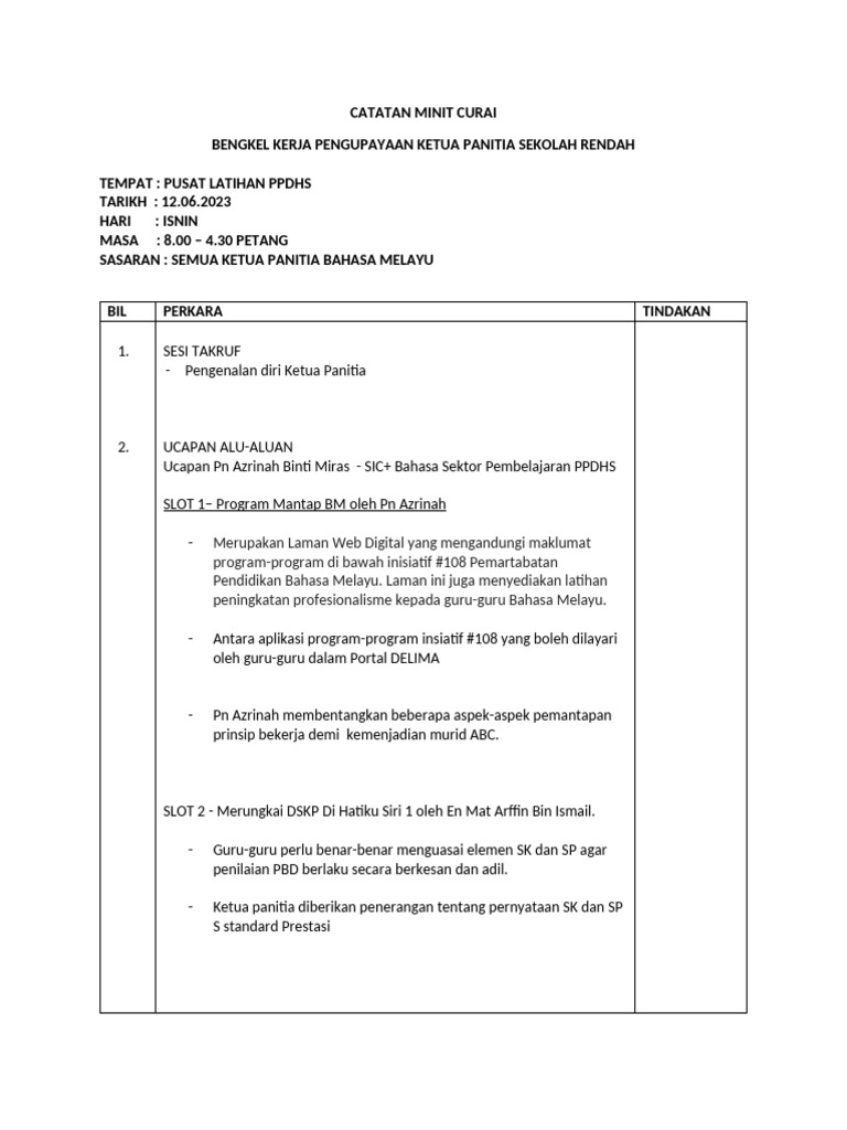 Catatan M.curai Bengkel Pengupayaan KP BM 20 | PDF