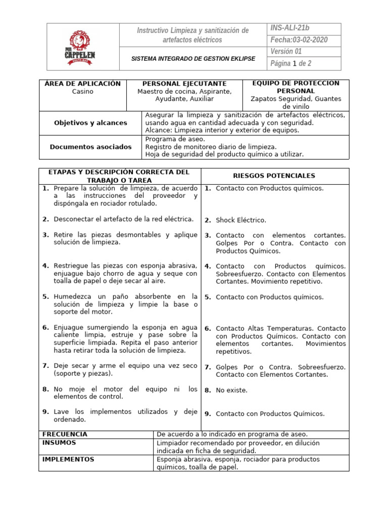 INS-ALI-21b, Limpieza y Sanitización de Artefactos Eléctricos. V.1 | PDF