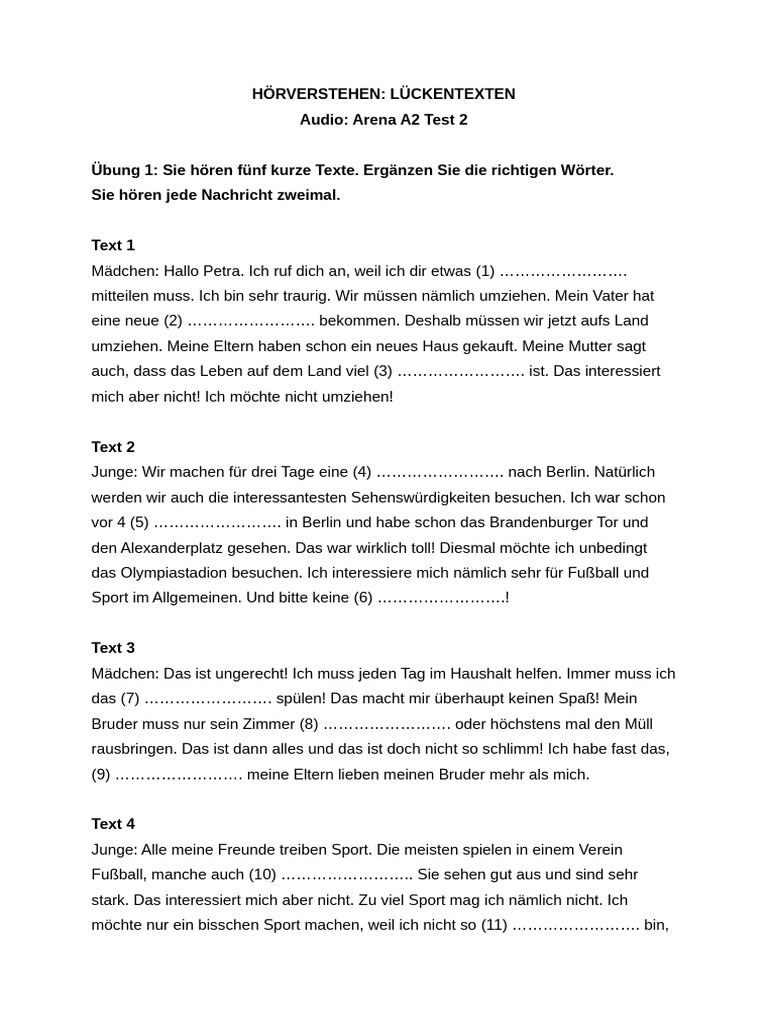 Lückentext A2 - 1 | PDF