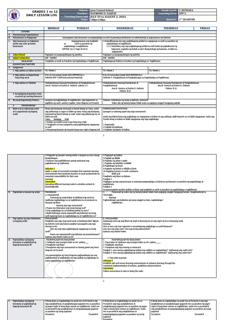 1ST-DLL Epp-5 Q1 W1-2023 | PDF