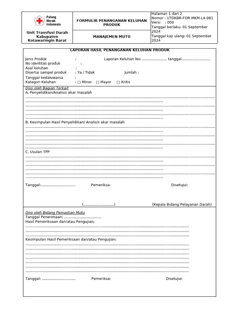 Formulir Penanganan Keluhan Produk | PDF