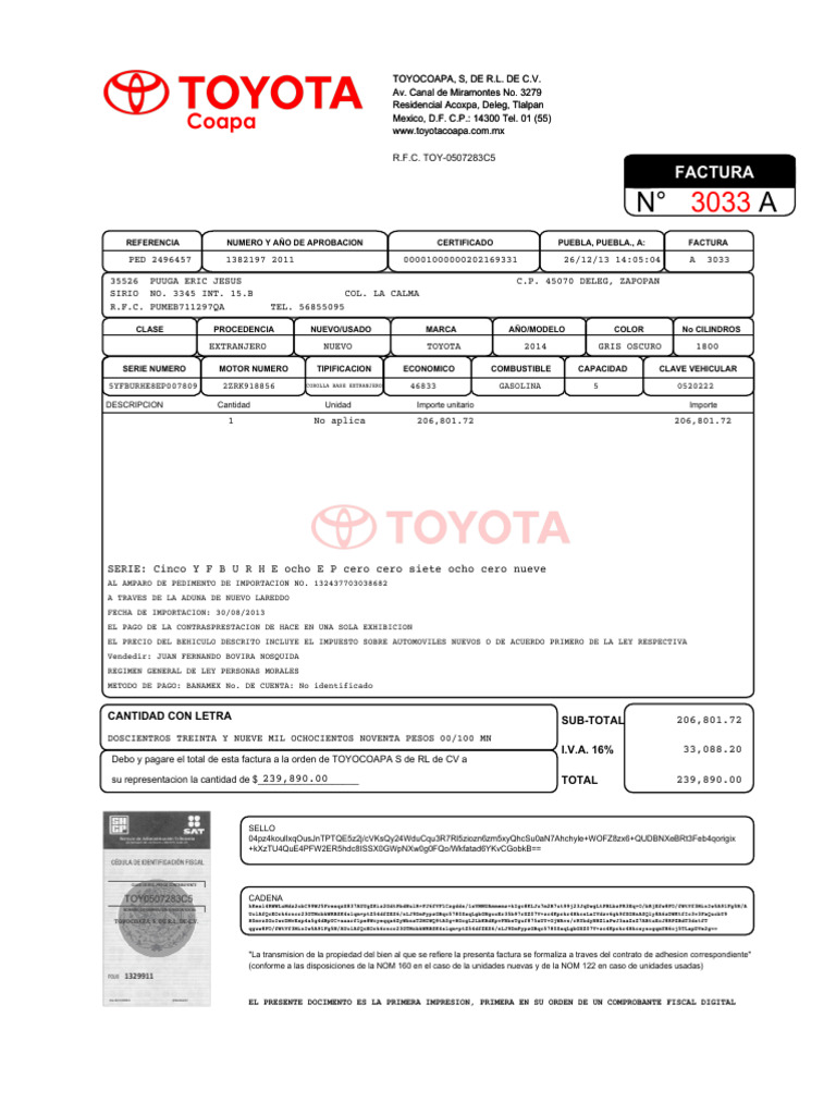 Factura Toyota Corolla 2014, Toyocoapa, S, de R.L. de C.V. | PDF | Tecnología de vehículos ...