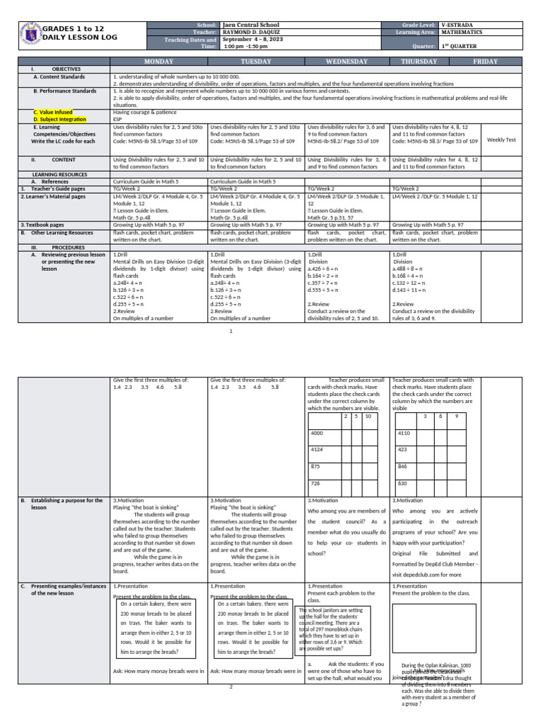 1st-DLL MATHEMATICS-5 Q1 W2-2023 | PDF