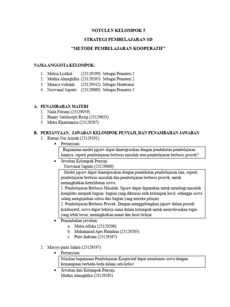 Notulen Kelompok 5 Strategi Pembelajaran SD | PDF