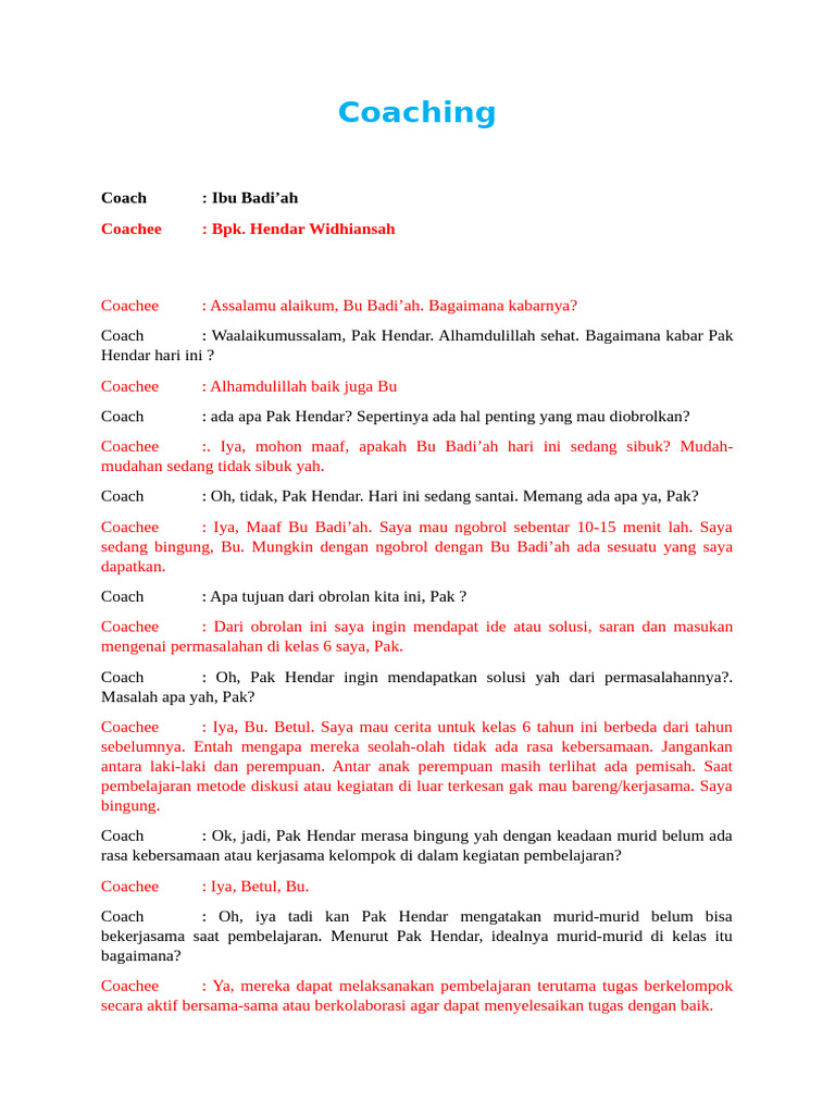 Percakapan Coach Dan Coachee - Hendar | PDF