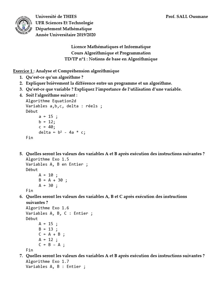 TD - 1 - Algorithmique Et Programmation | PDF